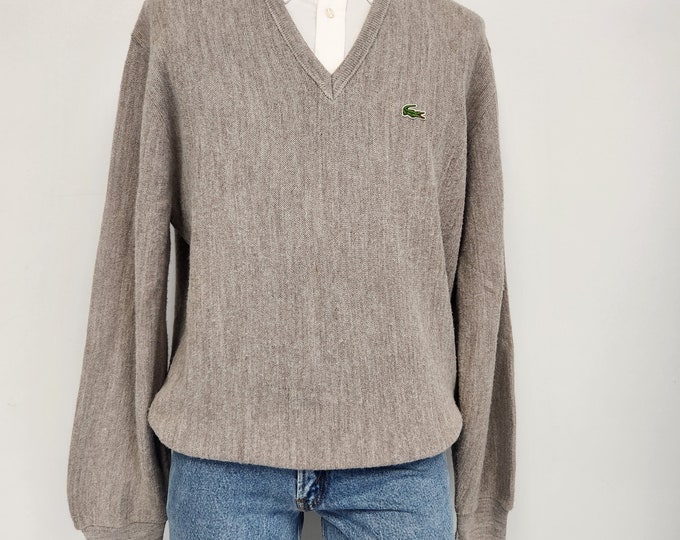 Vintage 1970's - 80's Izod Lacoste Beige 100% Orlon Acrylic V-neck Sweater - Green Croc ...
