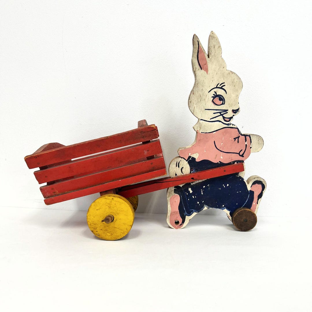 Vintage Easter Rabbit Pull Toy With Cart 1950s Easter Decor Happy ...