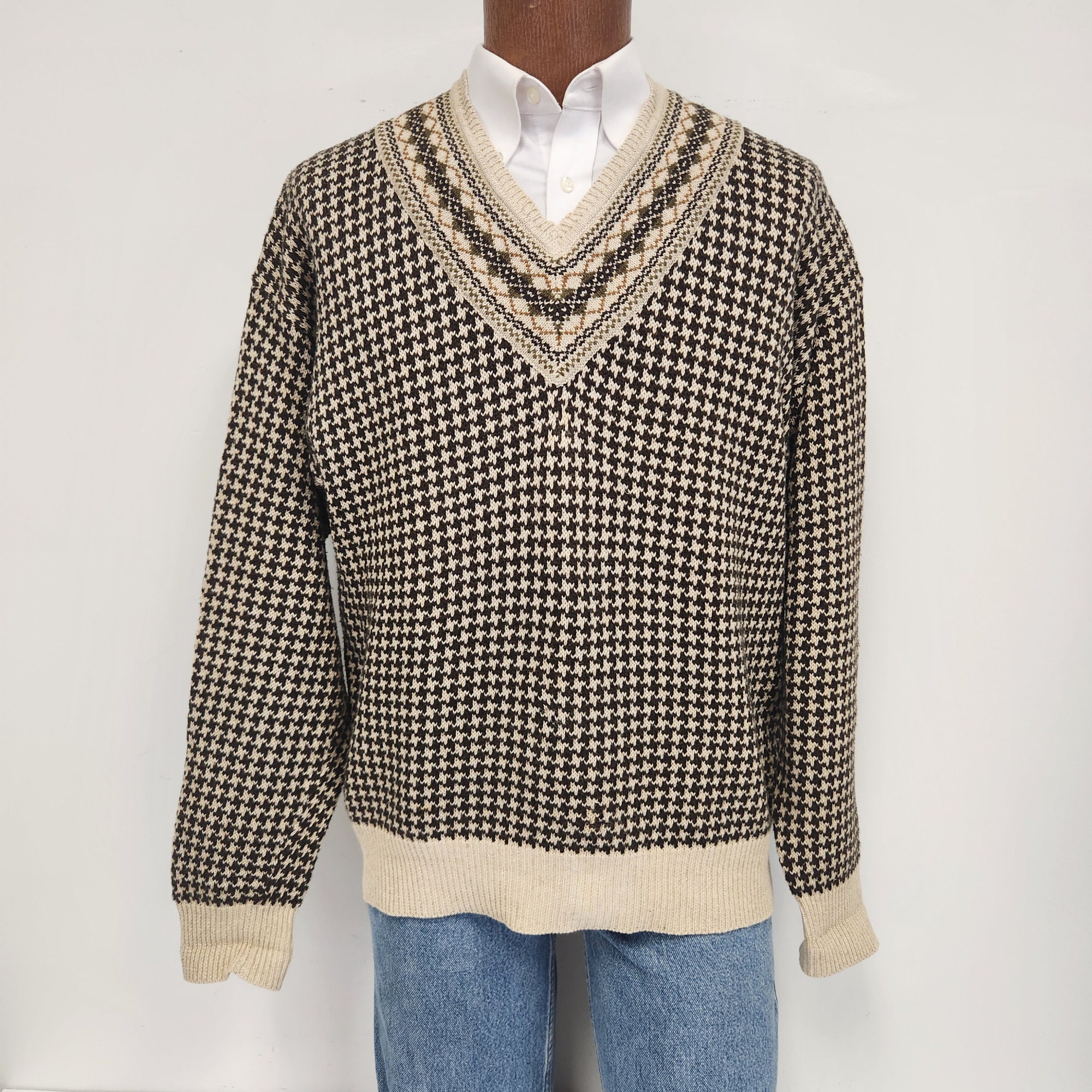 Vintage 1990's Men's Large Nautica Earth Tones Houndstooth Tennis V ...