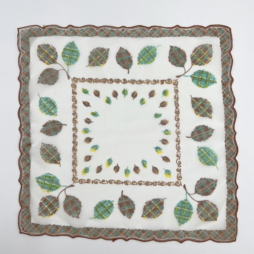 Vintage Semi Sheer Handkerchief With Scalloped Edge | Plaid Leaves in ...