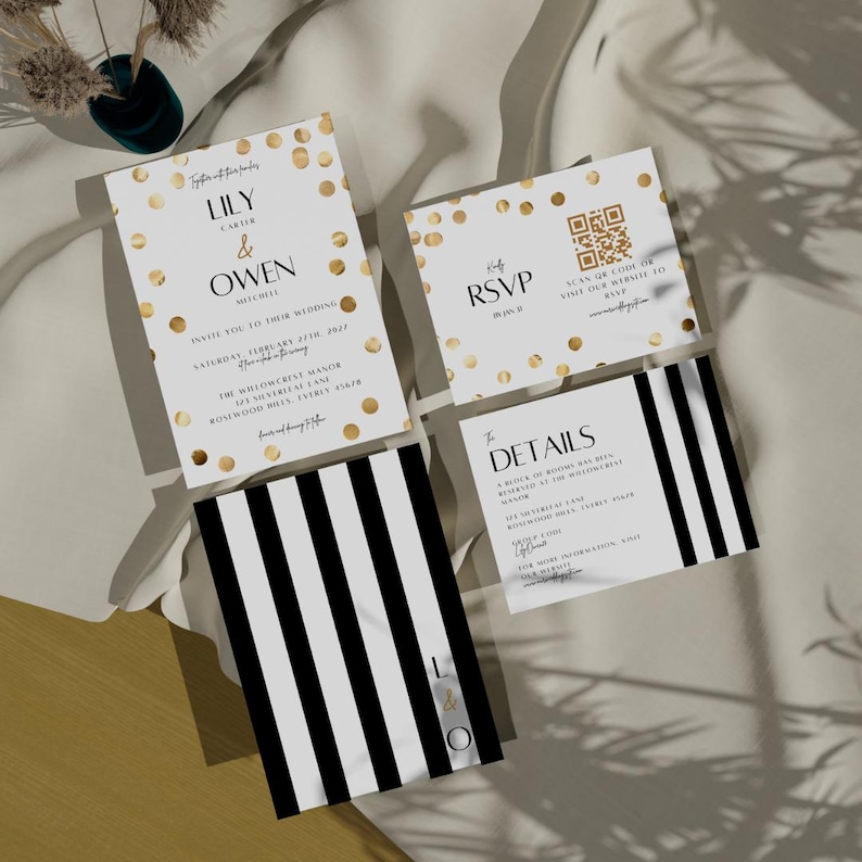 Gold Confetti Wedding Invitation Suite: Elegant Digital Templates (QR ...