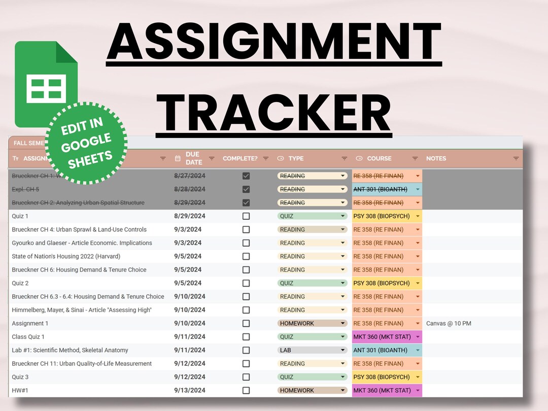 Google Sheets Assignment Tracker - Student Planner (digital Download ...