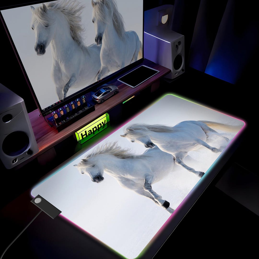 Elegant White Horses Snow Landscape Mouse Pad - RGB LED Lighted Gaming ...