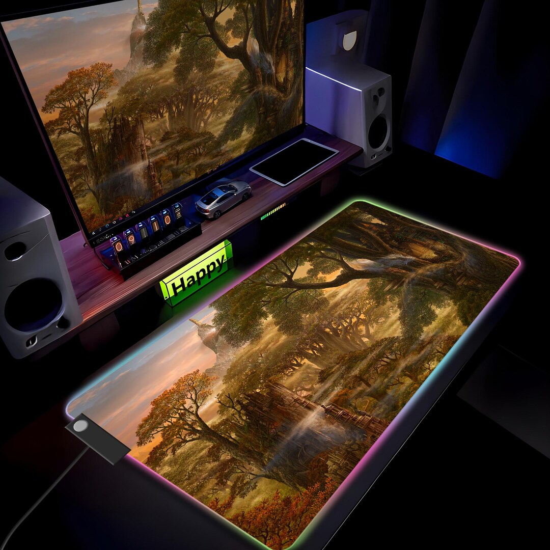 Anime Fantasy Forest RGB LED Gaming Desk Mat - Large Extended Mouse Pad ...