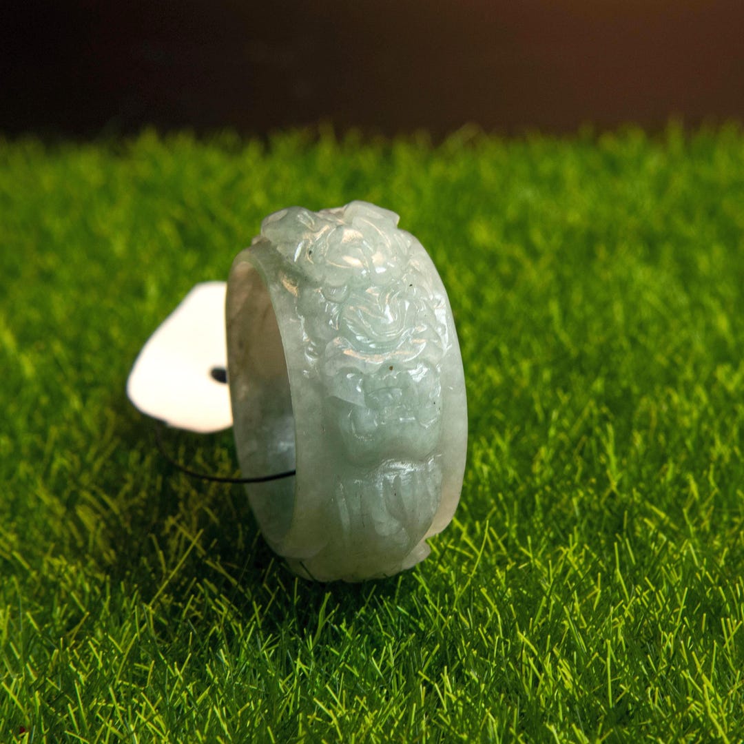12 US. Grade A Genuine Burmese Jade Ring, Intricately Carved With a ...