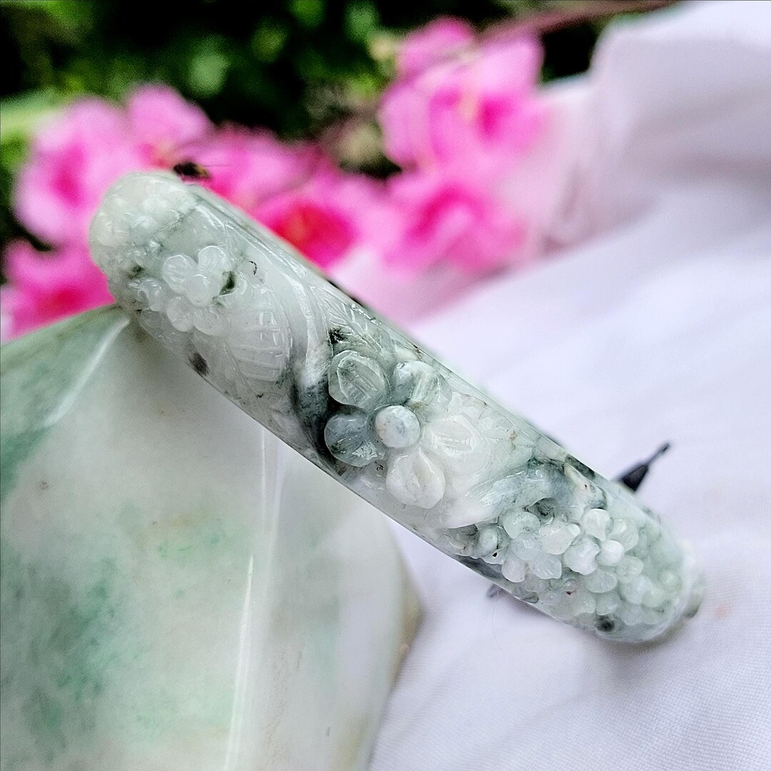 62mm Natural Tri-color Jadeite Bangle – Hand-carved Pikul Flower ...