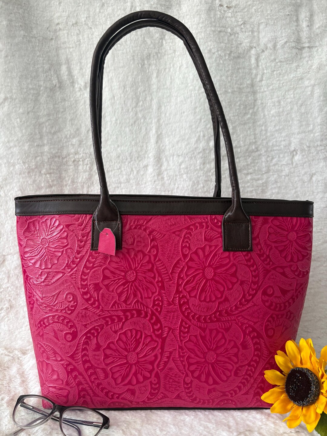 Pink Tooled Leather Tote Bag | Floral Embossed Purse | Large Leather ...