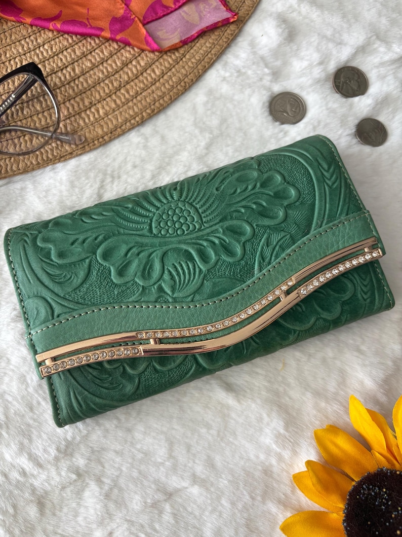 Green Sparkle Tooled Leather Wallet – Authentic Full-grain Leather ...