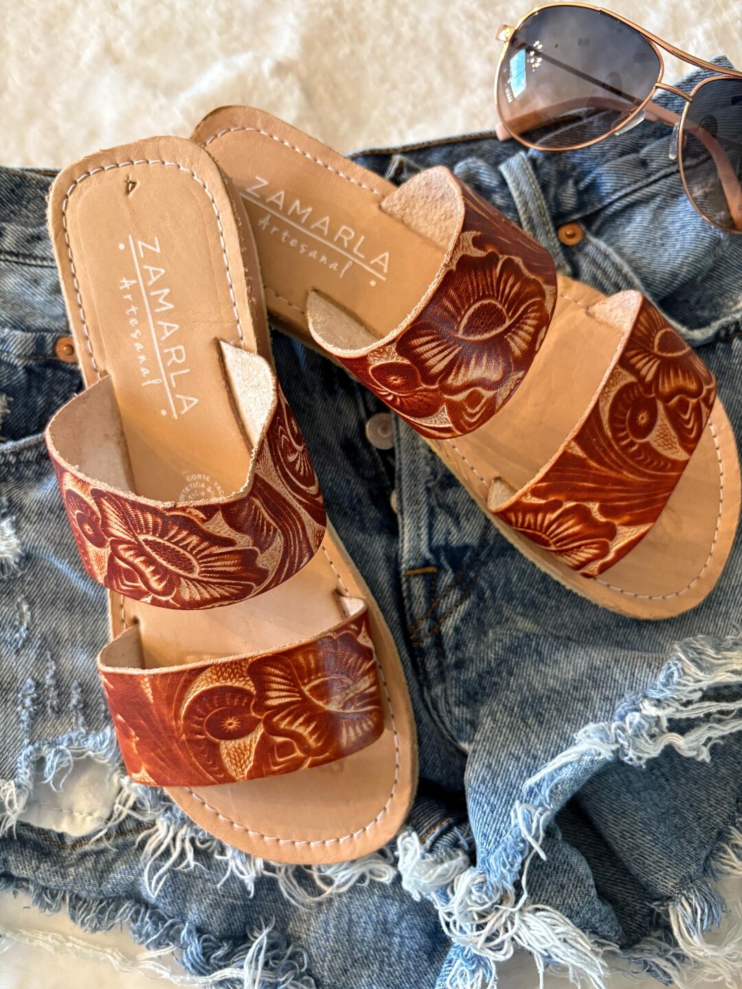 Handmade Floral Tooled Leather Sandals: Boho Calf Leather Slides - Etsy