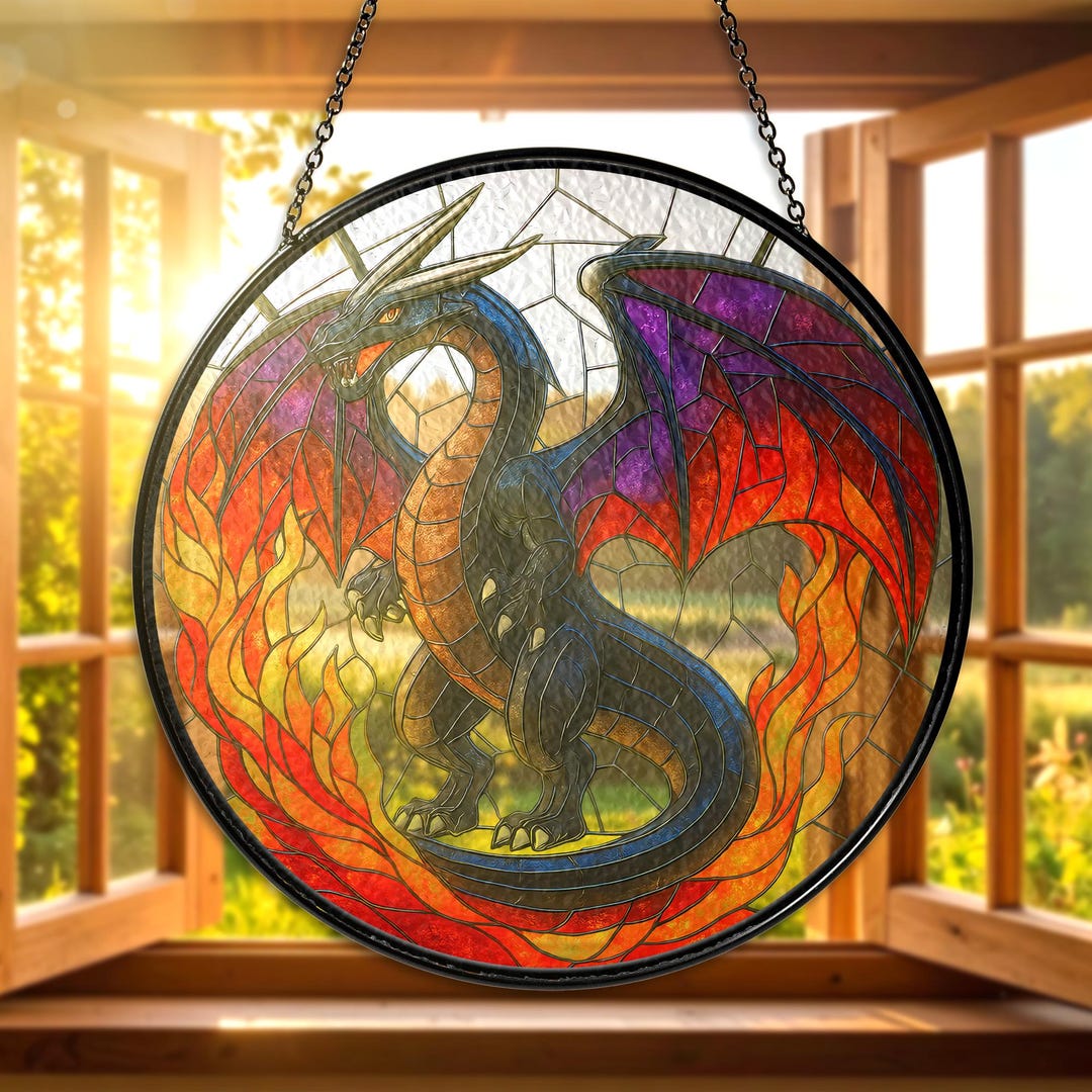 Dragon Stained Glass Window Hanging Fantasy Sun Catcher With Moon Stars ...