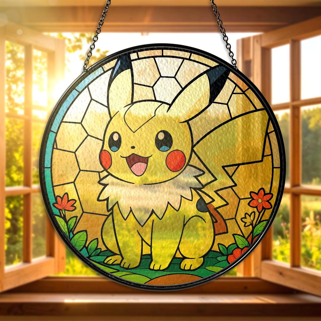Yellow Pikachu Stained Glass Suncatcher, Pikachu Window Hanging Decor ...
