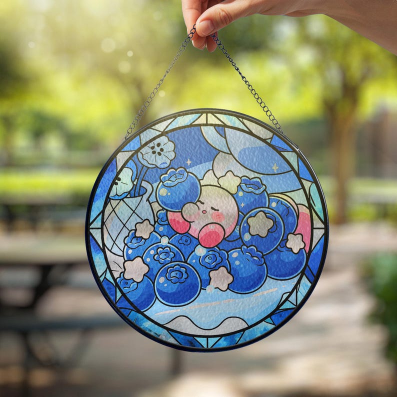 Kirby Stained Glass Suncatcher, Blueberry-inspired Kirby Window Art ...