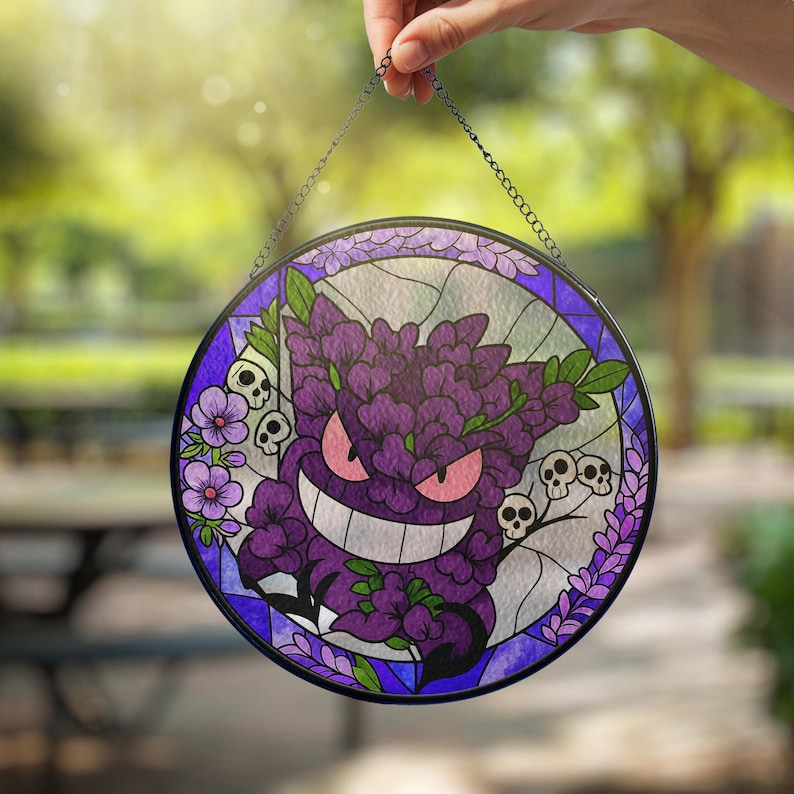 Gengar Stained Glass Suncatcher Spooky Floral Ghost Gengar Window Art ...