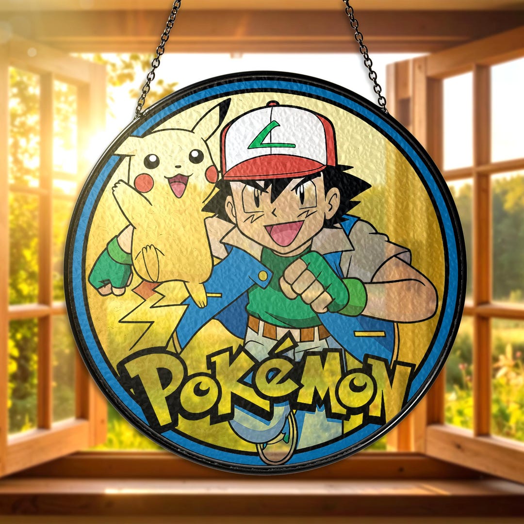Pikachu and Trainer Stained Glass Suncatcher Pikachu Window Hanging ...