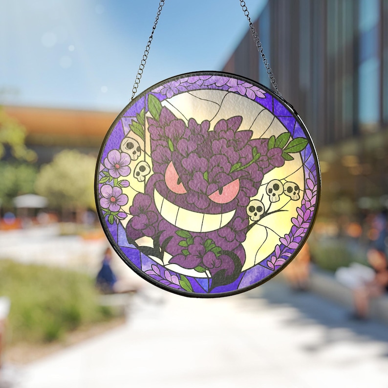 Gengar Stained Glass Suncatcher Spooky Floral Ghost Gengar Window Art ...