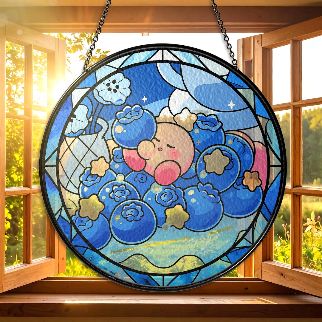 Kirby Stained Glass Suncatcher, Blueberry-inspired Kirby Window Art ...