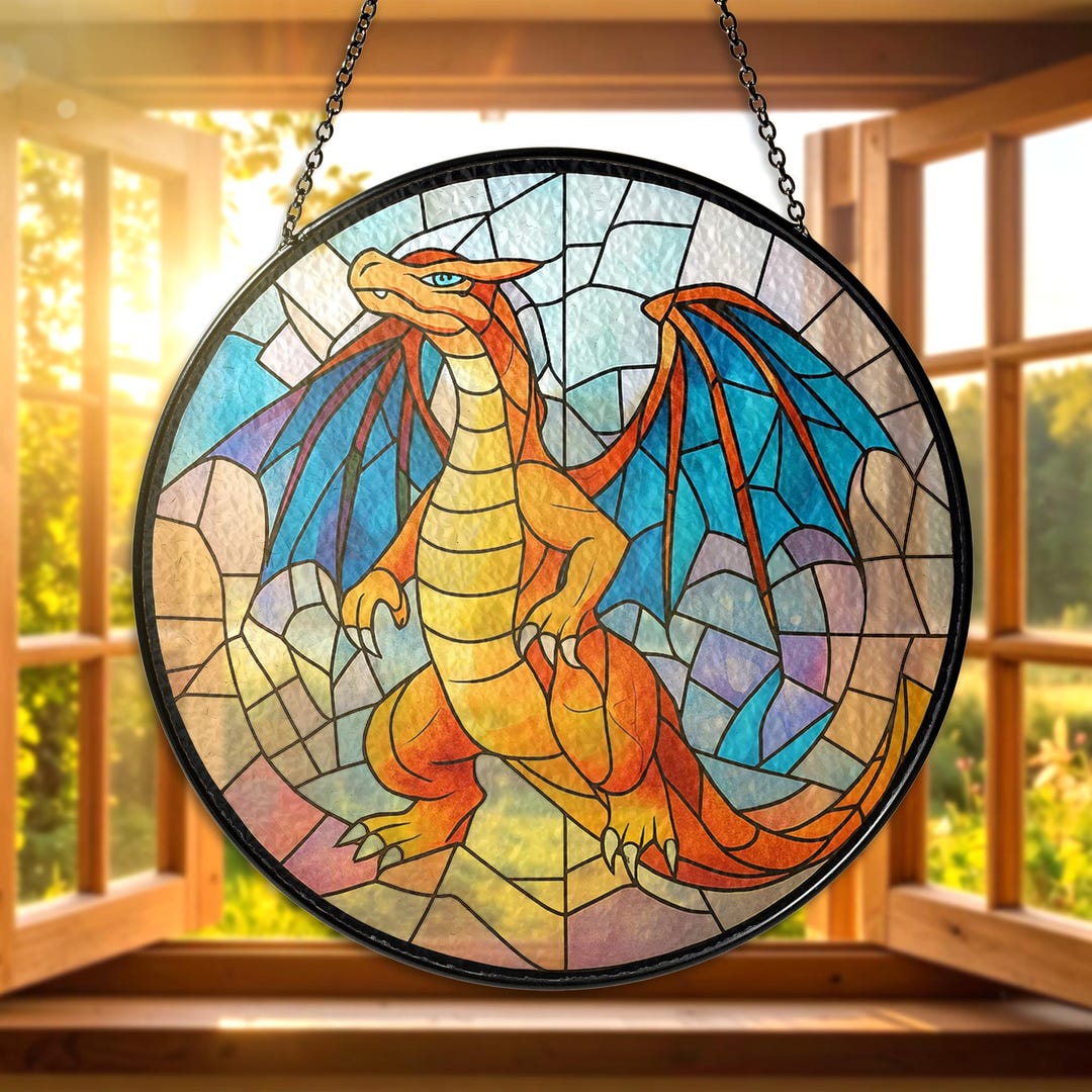 Charizard Stained Glass Suncatcher Fire Dragon Charizard Decor Handmade ...