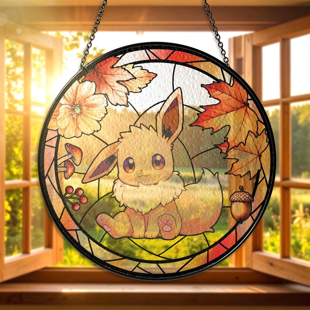 Autumn Eevee Stained Glass Suncatcher Fall Eevee Window Art Cute Eevee ...