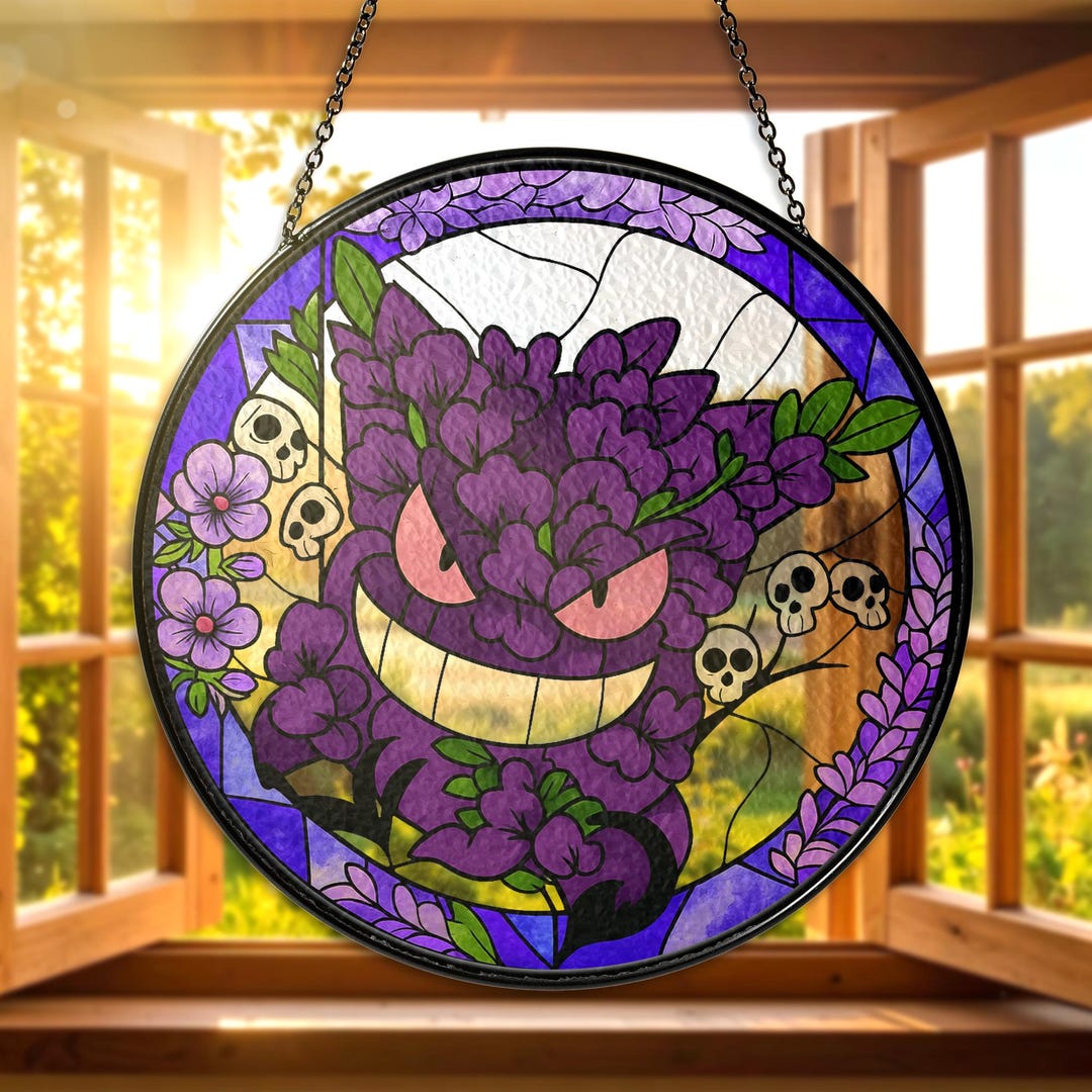 Gengar Stained Glass Suncatcher Spooky Floral Ghost Gengar Window Art ...