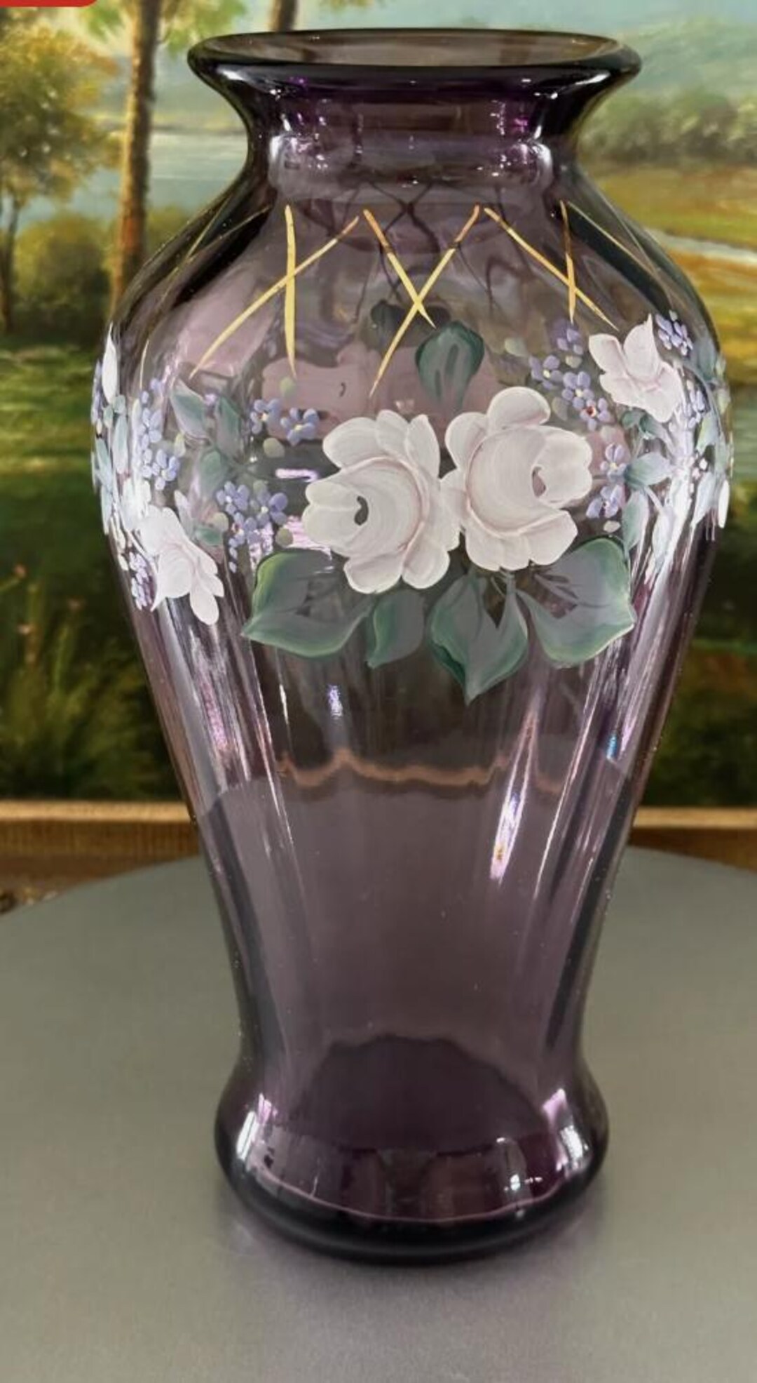 Fenton Purple Vase Gold Lattice Hand Painted Roses Signed C Smith ...