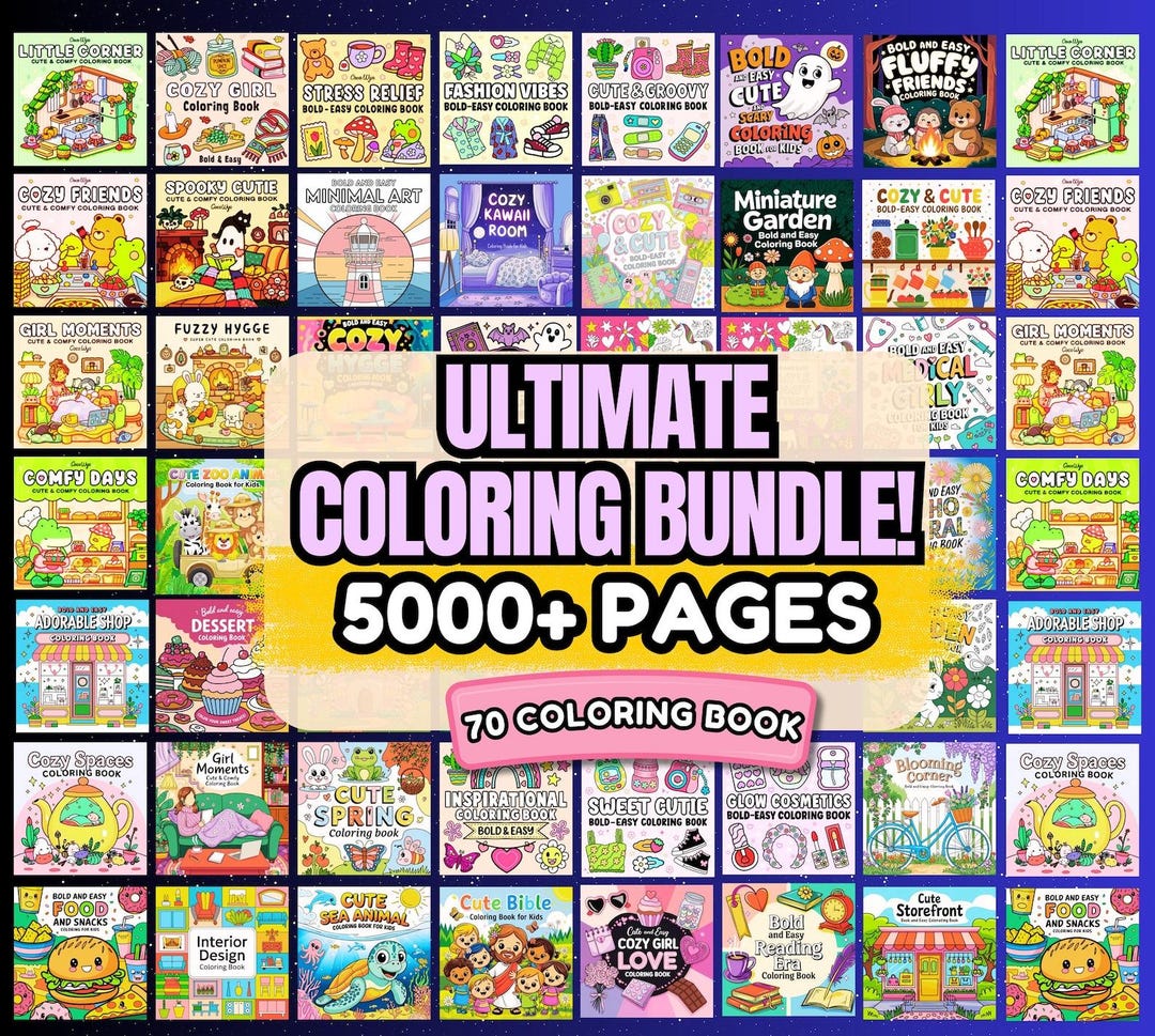 5,000+ Coloring Pages Mega BUNDLE, 50 Coloring Book, Cute Cozy Comfy ...