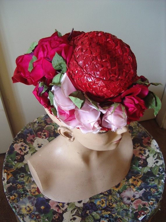Original 1940s Toy Hat Red Straw with Ribbon Can Can … - Gem