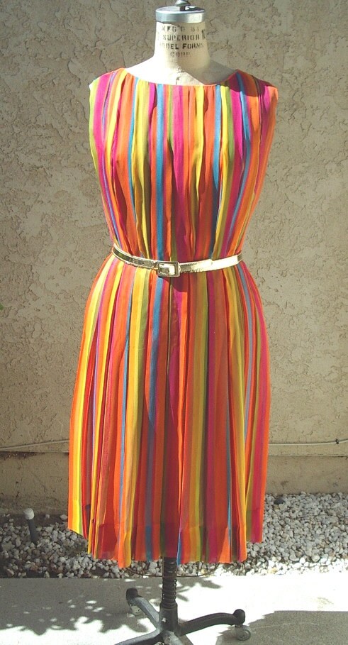 Pleated Multi- Striped Chiffon Party Dress/gown Designer Couture Sample ...