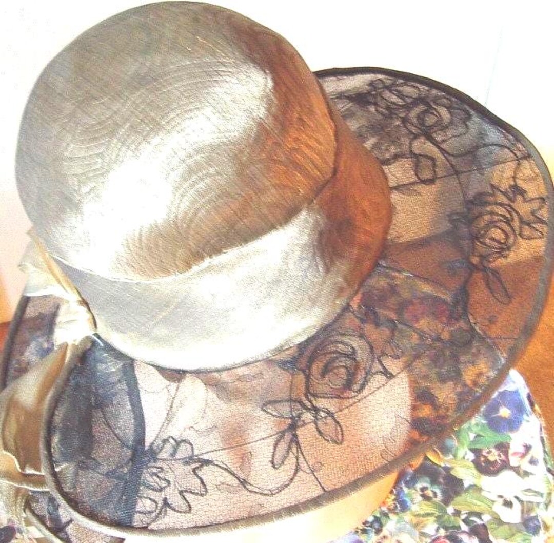 Edwardian Era Hat Gold Lame' Brocade Embroidered Tulle Picture Brim All ...