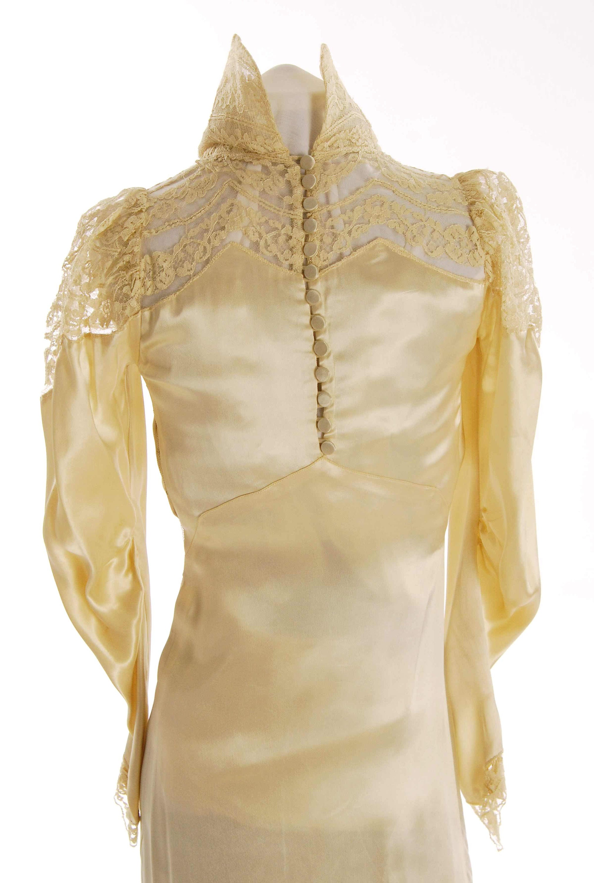 Original 1940s Wedding Gown Cream Silk Satin Gown, Lace Yoke and Collar ...