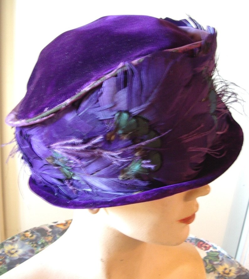 Original 1914/1918 Era Purple Velvet Hat Feather Trim Crown Collectors ...