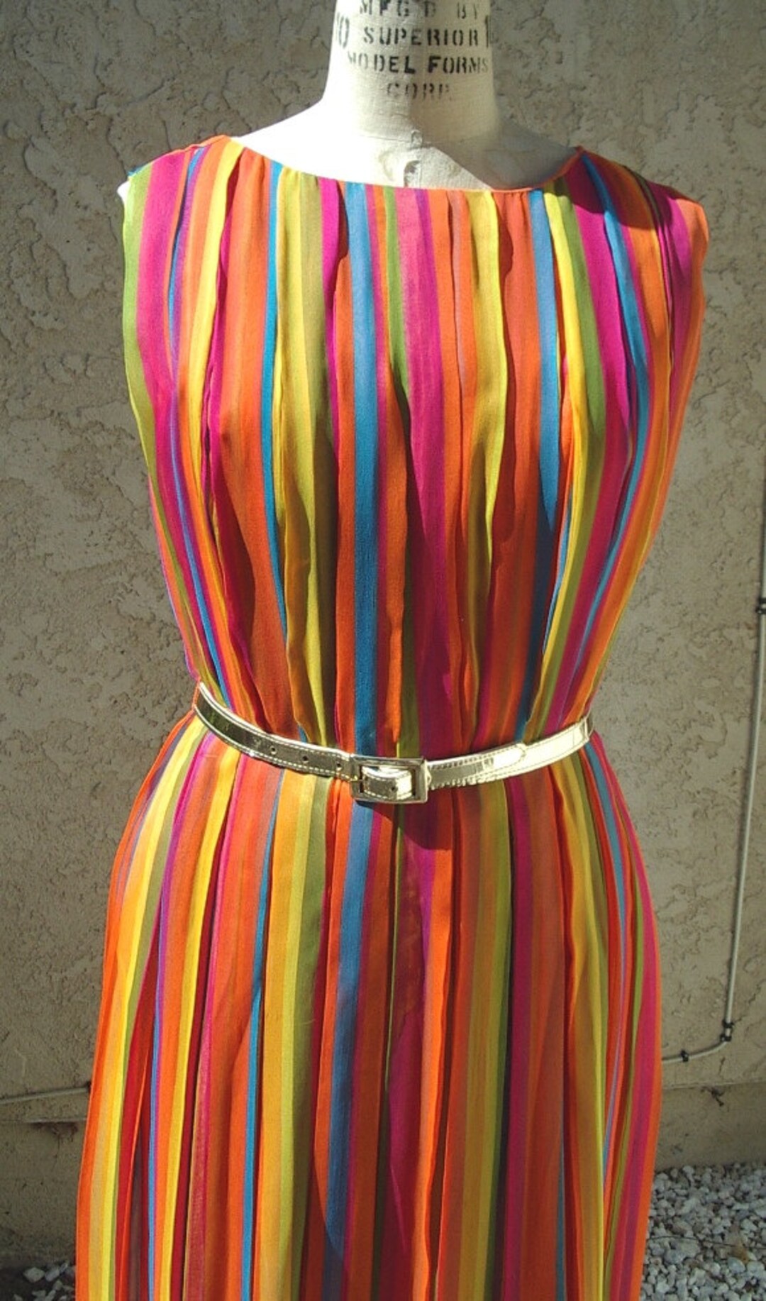 Pleated Multi- Striped Chiffon Party Dress/gown Designer Couture Sample ...