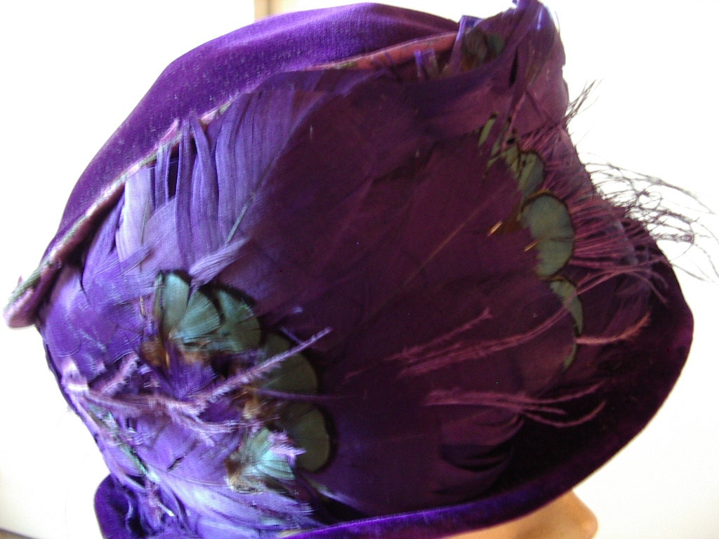 Original 1914/1918 Era Purple Velvet Hat Feather Trim Crown Collectors ...