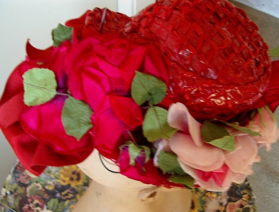 Original 1940s Toy Hat Red Straw with Ribbon Can Can … - Gem