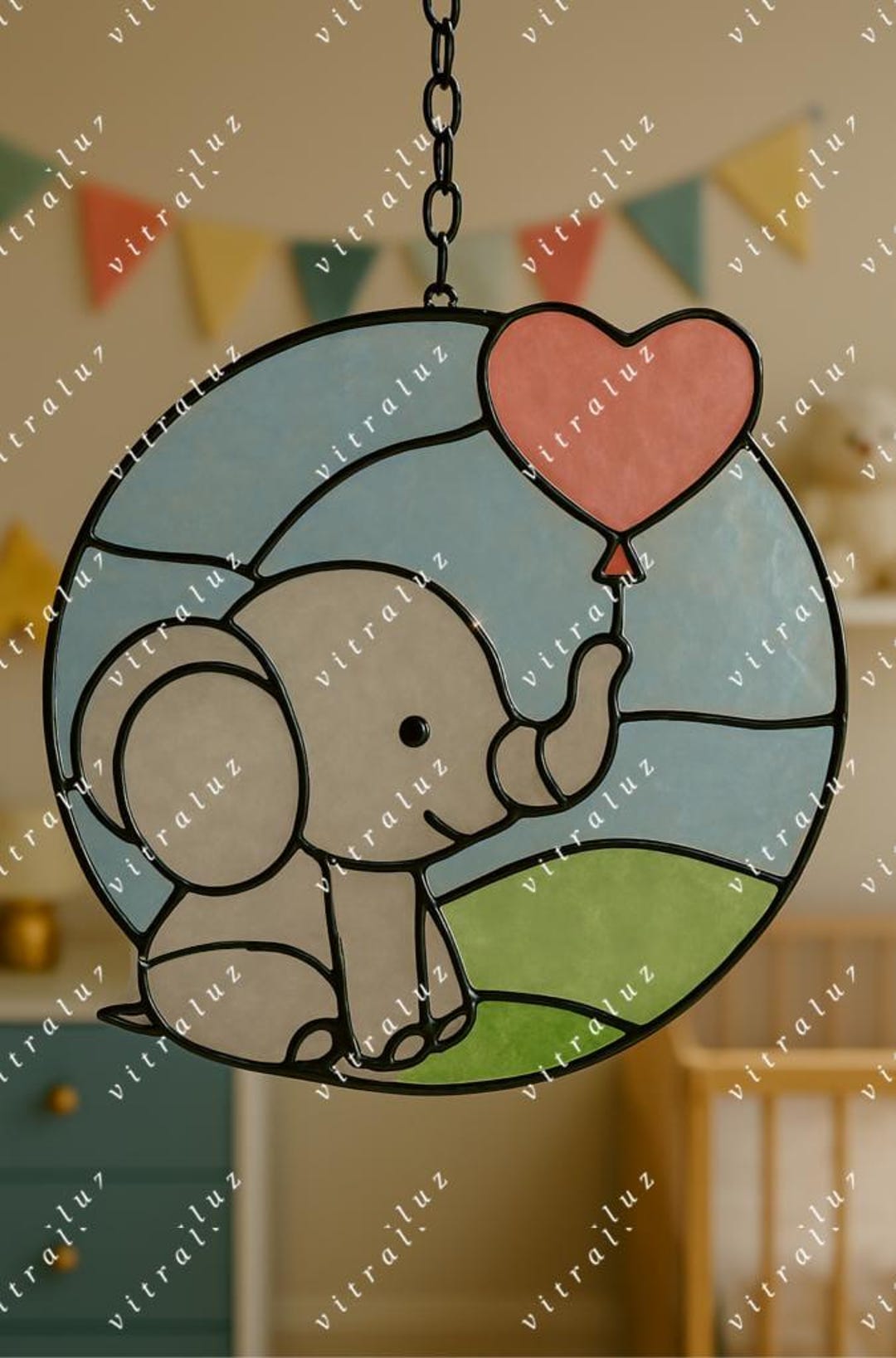 Stained Glass Pattern, Elephant With Balloon Digital Download, Handmade ...