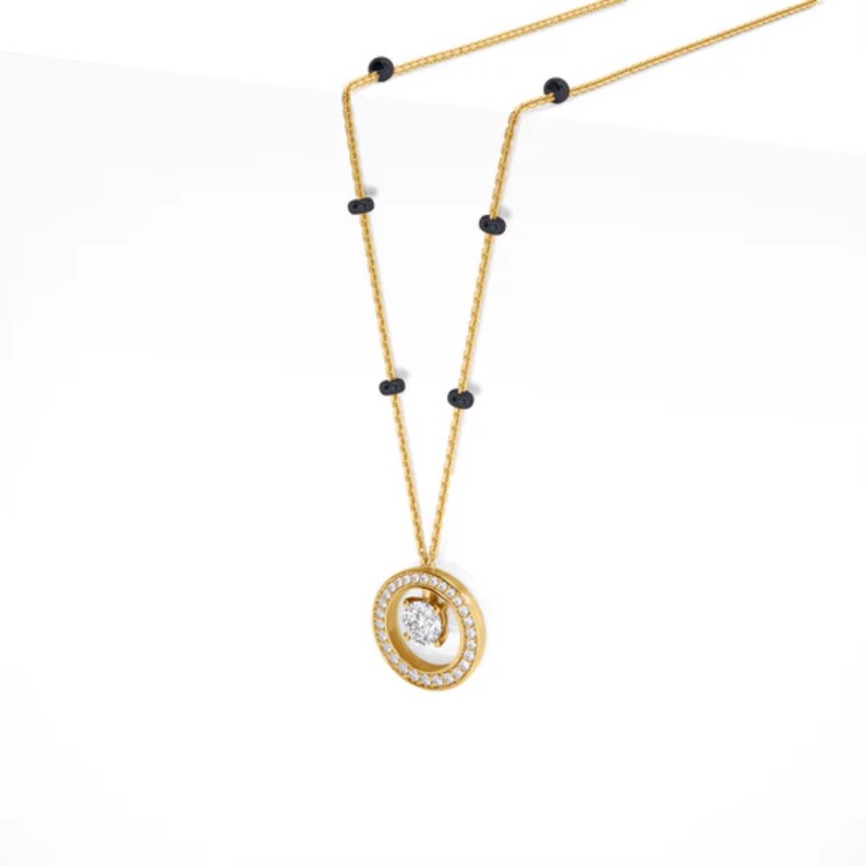 Modern Mangalsutra Necklace • Diamond Halo Pendant Solitaire • Solid ...