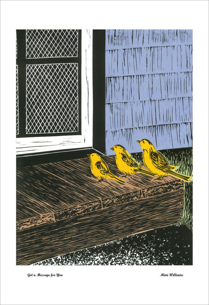 Card or Poster Birds Hello, Birds on Porch Greeting, Three Birds ...