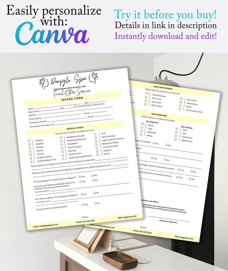 EDITABLE Spa Forms,editable Facial Client Intake Form,beauty Salon ...
