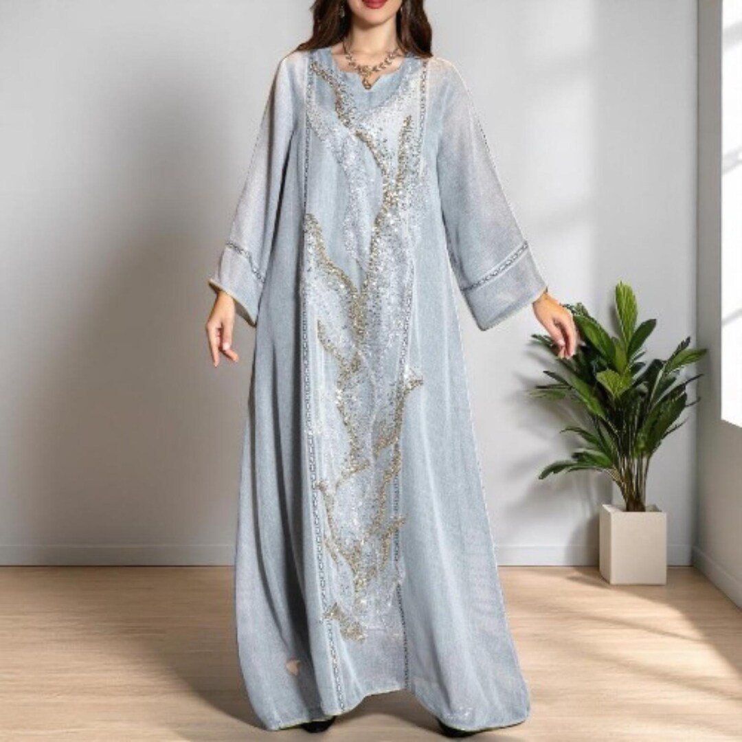 Dubai Luxury Abaya Robe – White Mesh Beaded Dress for Muslim Women ...