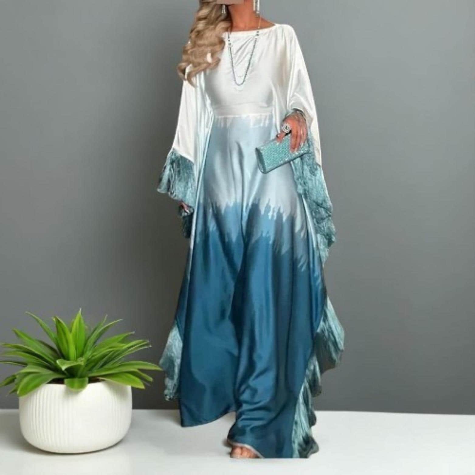 Batwing Sleeve Kaftan Abaya Dress: Gradient Tassel Islamic Evening Gown ...