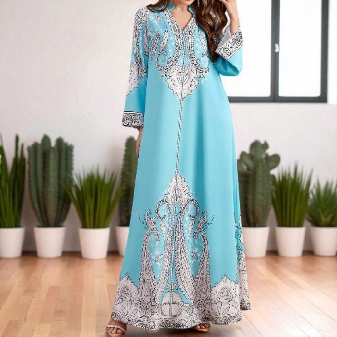 Morocco Floral Print Abaya: Long Sleeve Dubai Kaftan Robe - Etsy