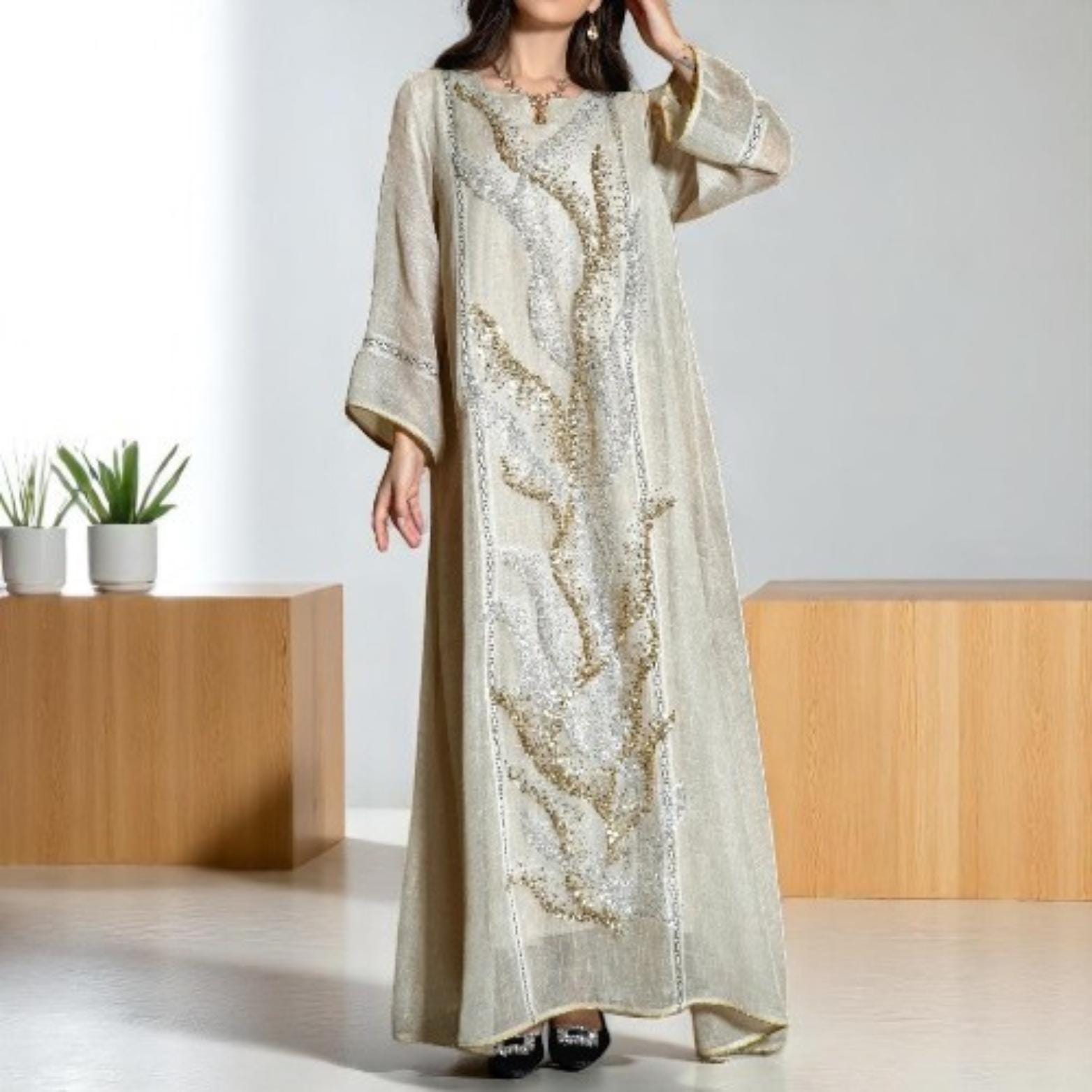 Dubai Luxury Abaya Robe – White Mesh Beaded Dress for Muslim Women ...