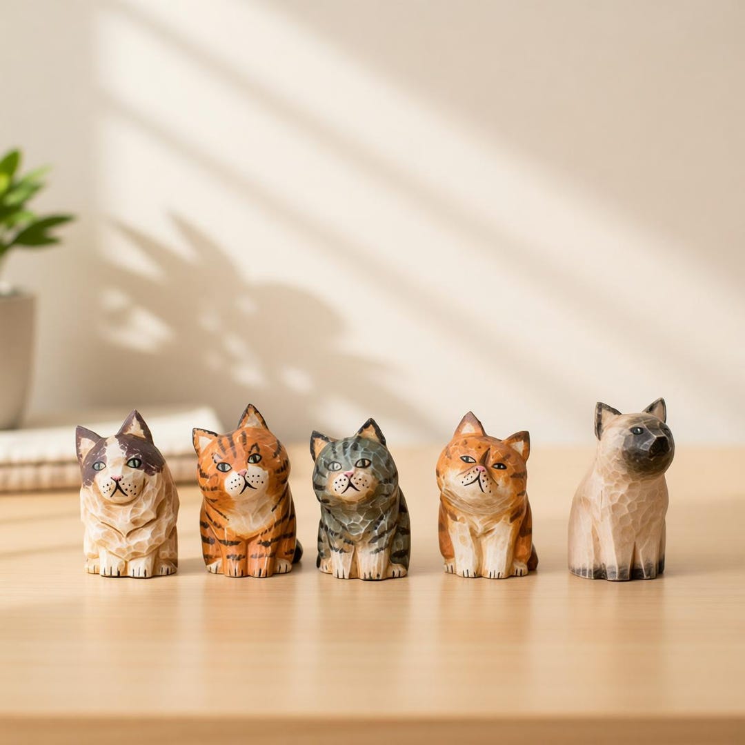 Hand Carved Wooden Cat Figurine, Wood Cat Sculpture, Minimalist Home ...