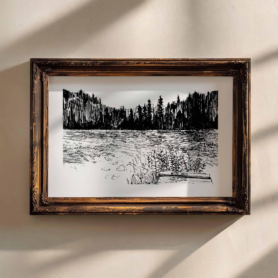 Printable Rustic Ink Drawing Art Print of an Original Wooded Lake ...