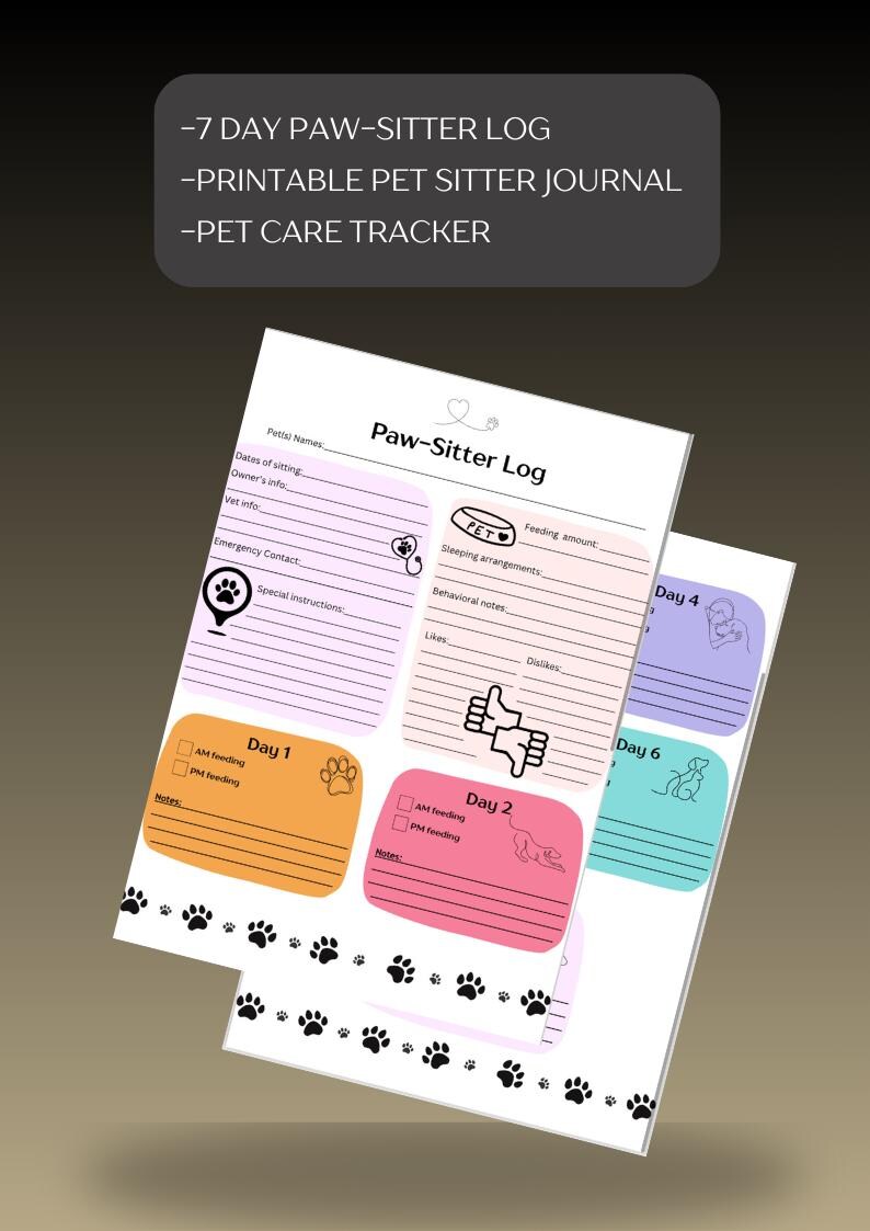 7 Day Paw-sitter Log | Printable Pet Sitter Journal | Pet Care Tracker ...