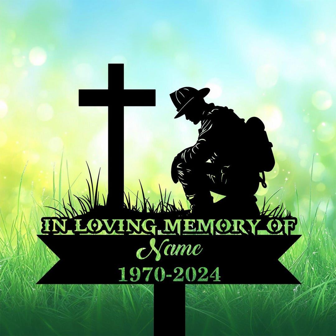 Personalized Firefighter Grave Marker, Kneeling Fireman Memorial Sign ...