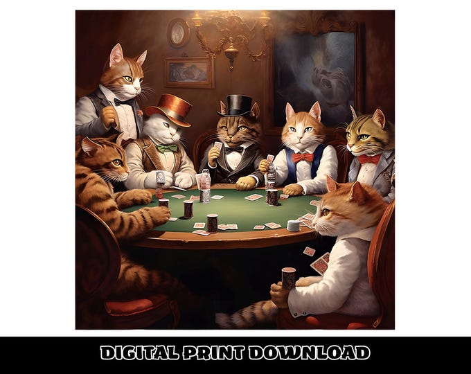 File PNG Cats Playing Poker Funny Card Game Design - Etsy