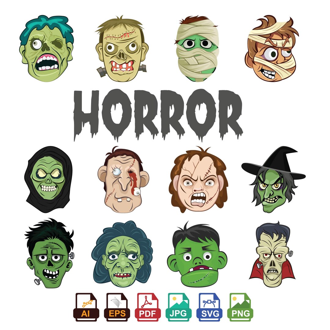 Horror Face Vector Illustrations | Scary Skull & Creepy Zombie Clipart ...
