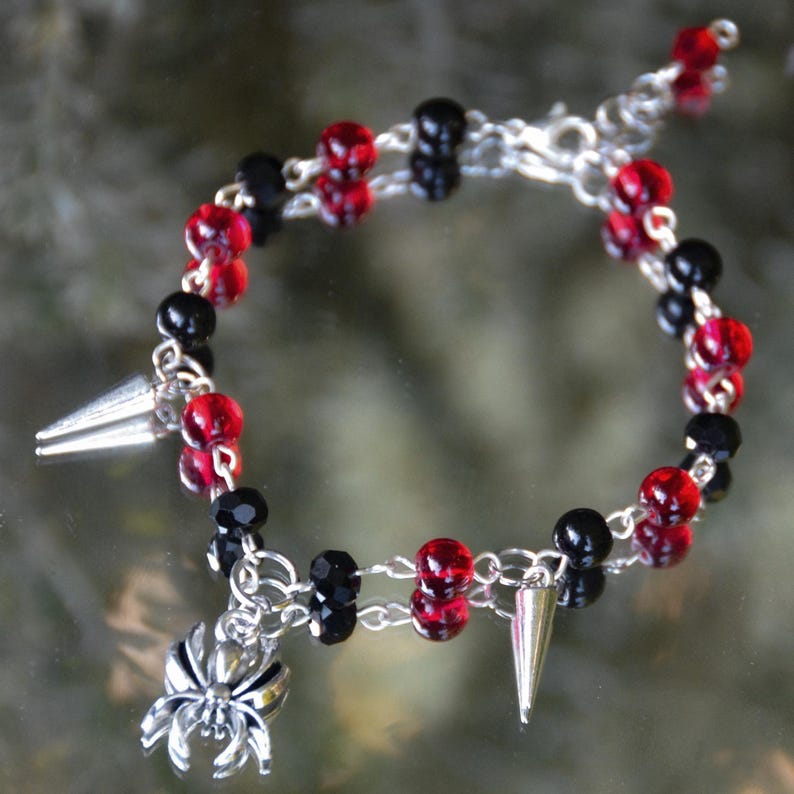 Red Recluse | Spider Goth Beaded Bracelet Red Black Spikes Silver ...