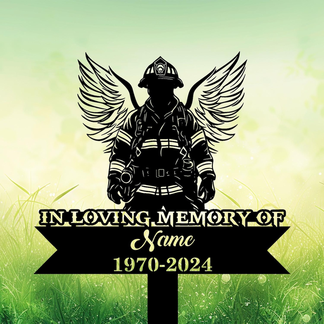 Personalized Firefighter Memorial Sign, Angel Wings Grave Marker for ...