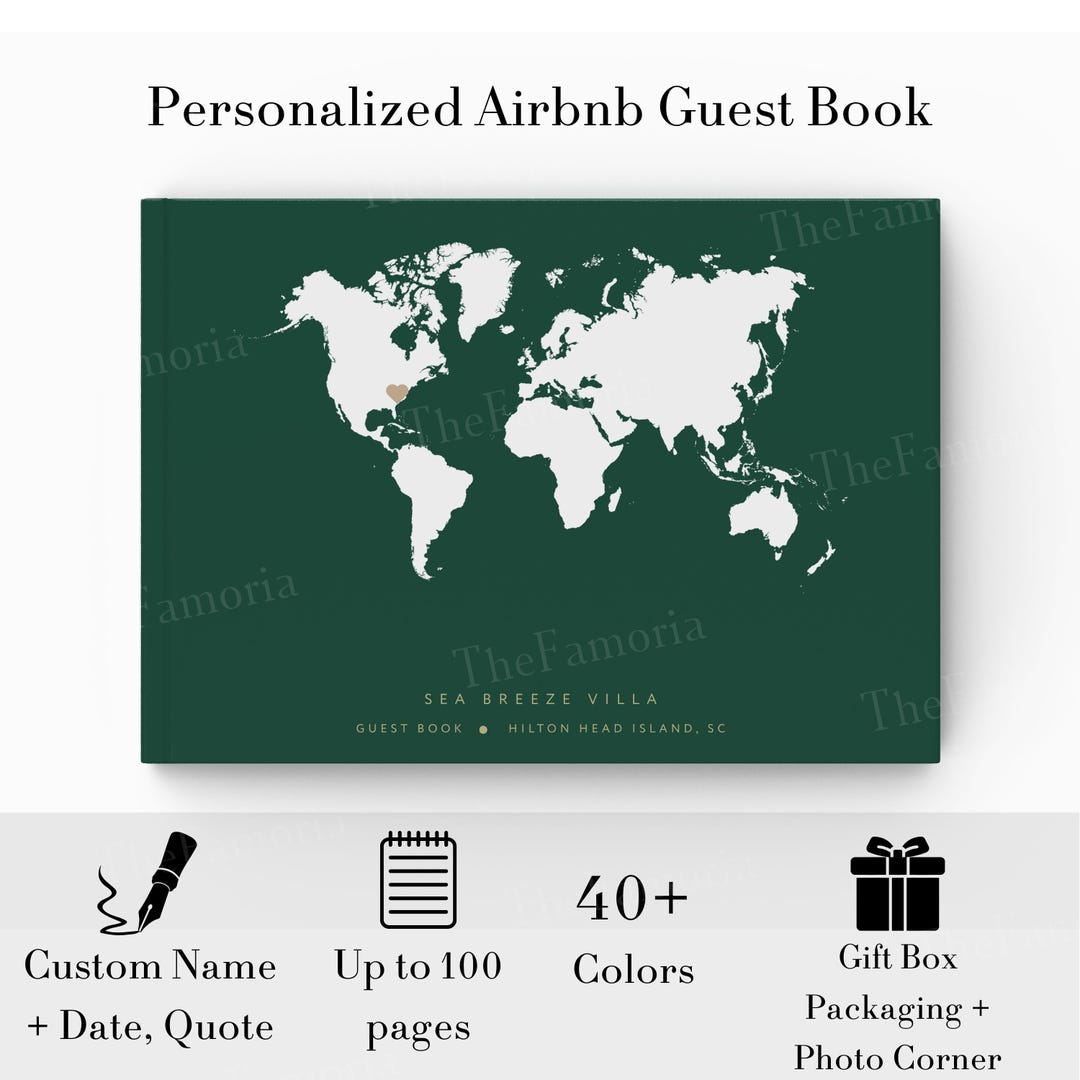 World Map Guest Book, Dark Green Airbnb Guest Book, Villa Guest Book ...